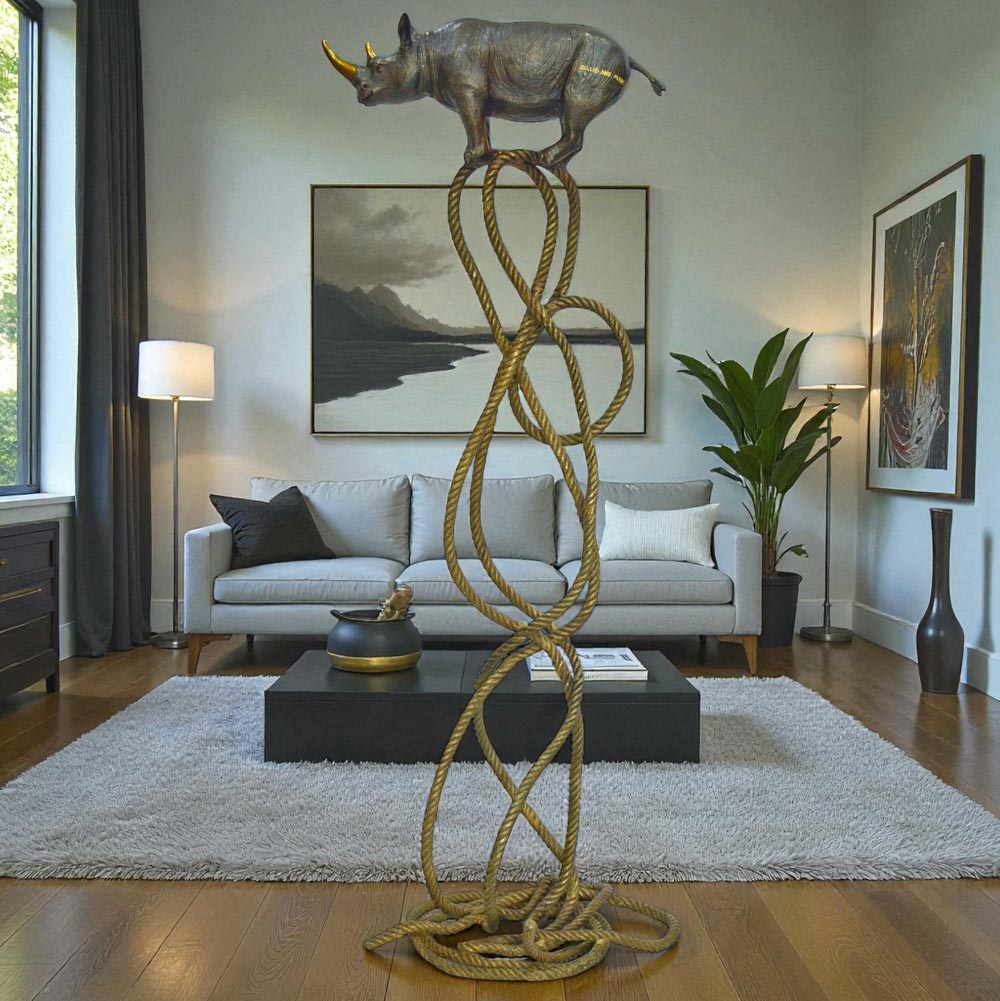 Golden Rhino Suspended on Rope and Feeling Very Safe (Bronze Sculpture ...