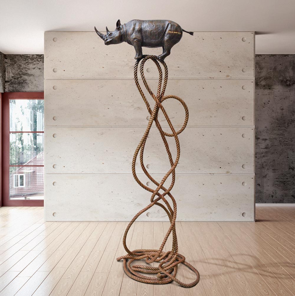 Rhino Suspended on Rope and Feeling Very Safe (Bronze Sculpture ...